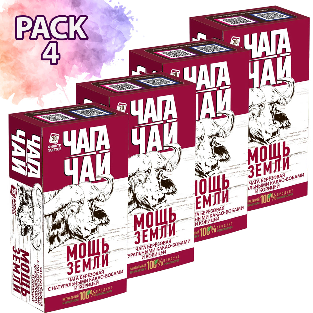 Pack 4 Chaga Tea Cocoa Beans & Cinnamon, Power of the Earth, 20 tea ba ...